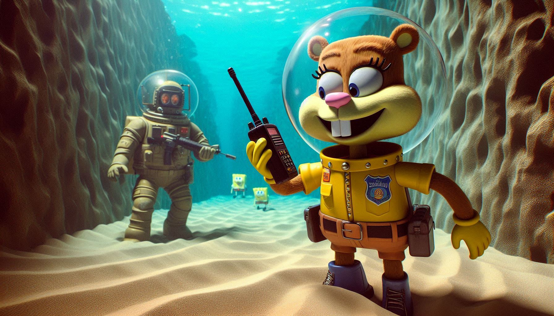 Explore how Sandy uses walkie-talkies to guide SpongeBob and Patrick o